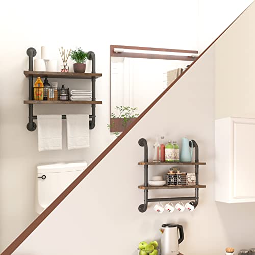 Homaterial Industrial Pipe Shelving Bathroom Shelves Wall Mounted with Towel Bar,23.5in Adjustable Rustic Wood Floating Shelf,2 Tier Farmhouse Towel Rack Metal Wall Shelf for Home&Bathroom