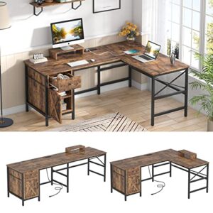 vagaconl l shaped computer desk, 63 inches long home office desk with power outlet, reversible corner desk with drawer and removable monitor stand for home office writing study, vintage brown