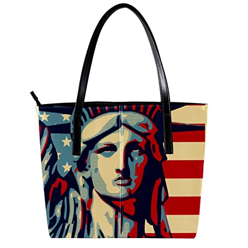 Women Tote Shoulder Bag, Art Statue of Liberty Leather Work Handbag with Zipper for Teens College Students