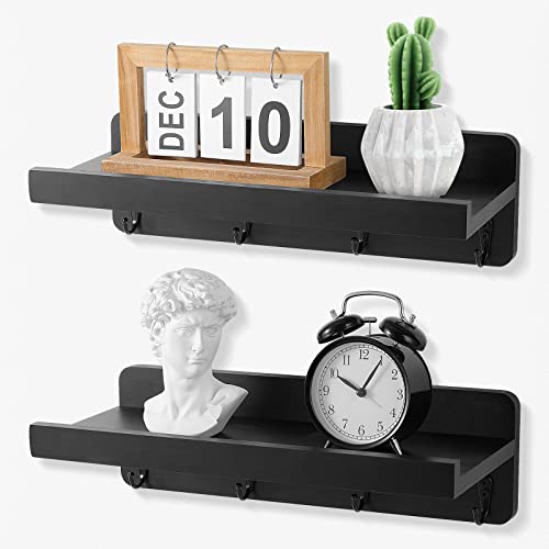 vrupin Natural Solid Wood Floating Shelves Set of 2, Floating Shelves Wall Mounted for Bedroom, Bathroom, Living Room, Kitchen, Laundry Room Storage & Decoration (Black)