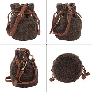 Aisi Women Girls Faux Fur Shoulder Bag Barrel Shape Drawstring Satchel Purse Faux Lamb Wool Crossbody Bag