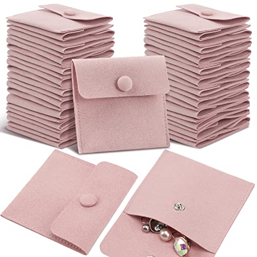 40 Pieces Microfiber Jewelry Pouch 8 x 8 cm, Jewelry Packaging Bag Luxury Small Jewelry Gift Bags Package Snap Button with Divider Microfiber Bag for Bracelet Necklace Packaging (Pink, 40 Pcs)