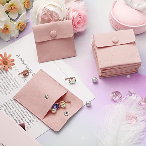 40 Pieces Microfiber Jewelry Pouch 8 x 8 cm, Jewelry Packaging Bag Luxury Small Jewelry Gift Bags Package Snap Button with Divider Microfiber Bag for Bracelet Necklace Packaging (Pink, 40 Pcs)