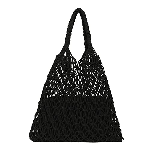 Hobo Handbags for Women, Fairy Grunge Aesthetic Tote Bags Beach Trendy Crochet Bags Cute Flower Slouchy Knit Bag (A-Black)