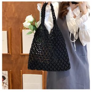 Hobo Handbags for Women, Fairy Grunge Aesthetic Tote Bags Beach Trendy Crochet Bags Cute Flower Slouchy Knit Bag (A-Black)