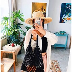 Hobo Handbags for Women, Fairy Grunge Aesthetic Tote Bags Beach Trendy Crochet Bags Cute Flower Slouchy Knit Bag (A-Black)