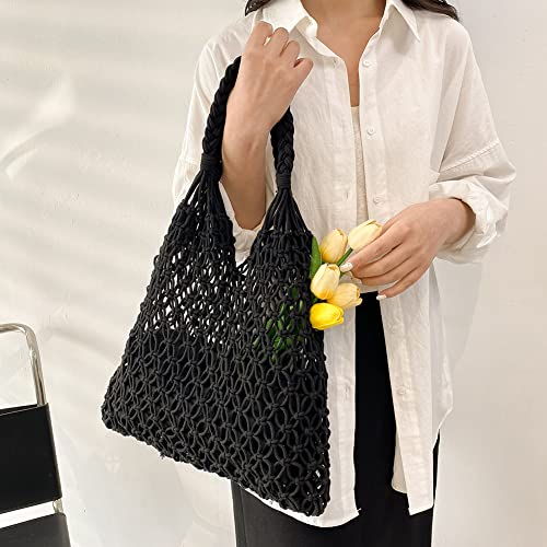 Hobo Handbags for Women, Fairy Grunge Aesthetic Tote Bags Beach Trendy Crochet Bags Cute Flower Slouchy Knit Bag (A-Black)