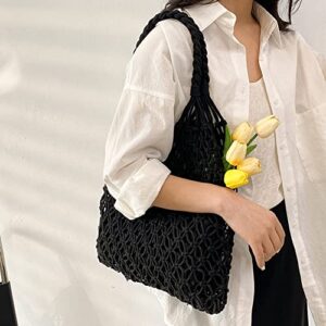 Hobo Handbags for Women, Fairy Grunge Aesthetic Tote Bags Beach Trendy Crochet Bags Cute Flower Slouchy Knit Bag (A-Black)