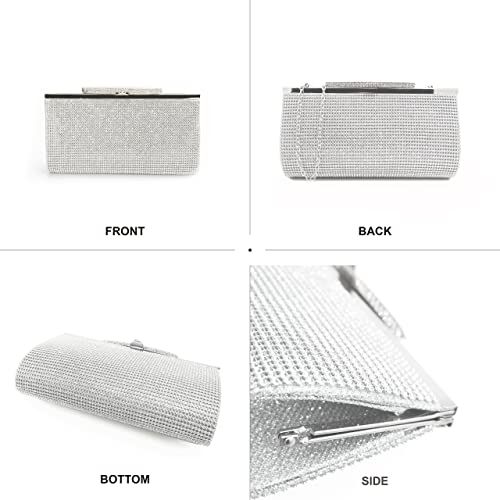 OOTD LAND Women's Evening Bag Curved Glitter Clutch for Cocktail Prom Party with Rhinestone Lock (Silver)