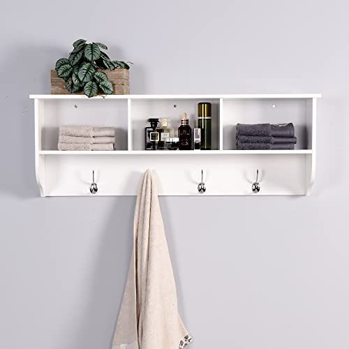 Mbolyeer Wall Mount Coat Rack with Shelf: Entryway Wood Storage Cubes with 4 Dual Hooks - 38.5 Inch Wooden Floating Shelves with Hanging - for Living Room Bathroom Kitchen (White)