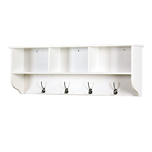 Mbolyeer Wall Mount Coat Rack with Shelf: Entryway Wood Storage Cubes with 4 Dual Hooks - 38.5 Inch Wooden Floating Shelves with Hanging - for Living Room Bathroom Kitchen (White)