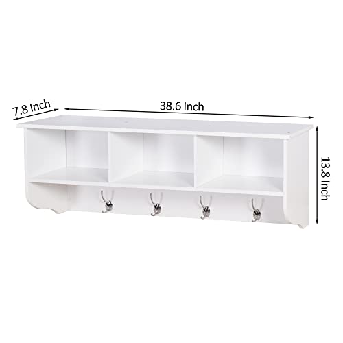 Mbolyeer Wall Mount Coat Rack with Shelf: Entryway Wood Storage Cubes with 4 Dual Hooks - 38.5 Inch Wooden Floating Shelves with Hanging - for Living Room Bathroom Kitchen (White)