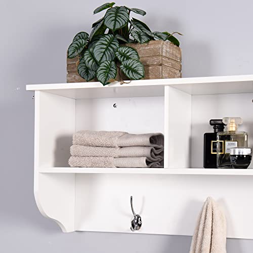 Mbolyeer Wall Mount Coat Rack with Shelf: Entryway Wood Storage Cubes with 4 Dual Hooks - 38.5 Inch Wooden Floating Shelves with Hanging - for Living Room Bathroom Kitchen (White)