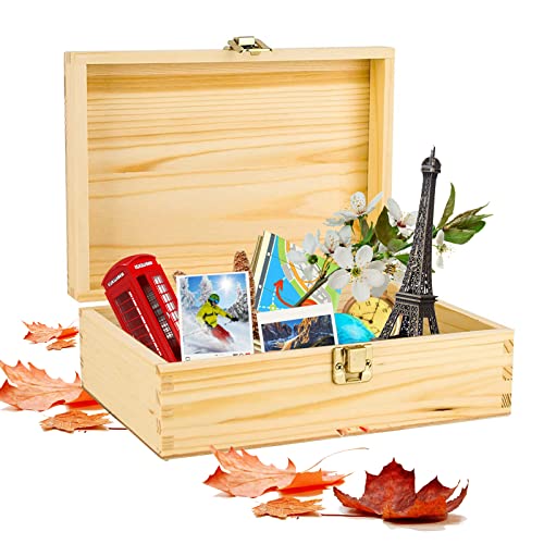 Wood Storage Box Container with Hinged Lid and Front Clasp, 8.6'' x 6'' x 3'' Personalized Memory Box Gift, Rustic Wood Boxes for Crafts DIY Storage Hobbies and Home Decoration