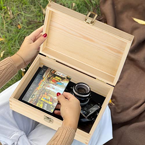 Wood Storage Box Container with Hinged Lid and Front Clasp, 8.6'' x 6'' x 3'' Personalized Memory Box Gift, Rustic Wood Boxes for Crafts DIY Storage Hobbies and Home Decoration