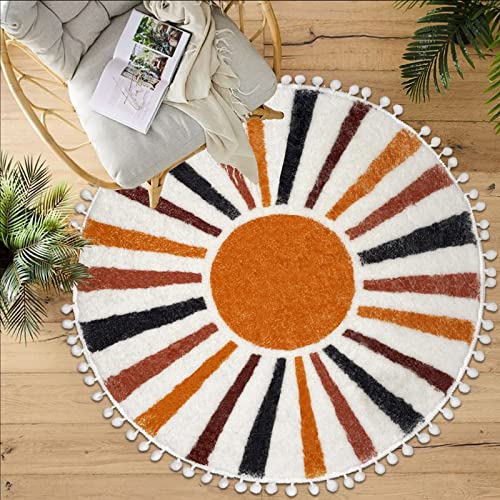 Molili Sun Boho Area Rug for Bedroom 4ft, Modern Abstract Round Nursery Rugs for Kids Room Washable Soft Circle Non-Slip Floor Rugs for Living Room Laundry Room Bathroom Home Dorm Entryway