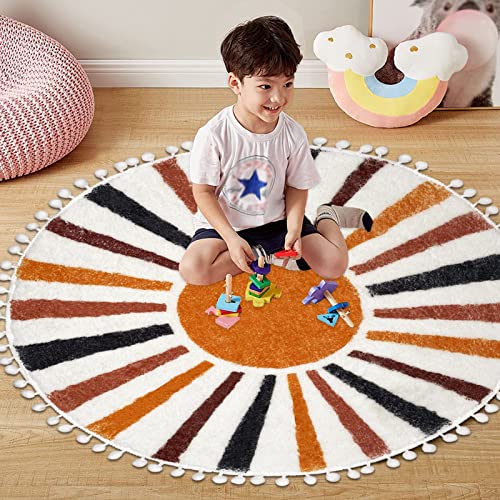 Molili Sun Boho Area Rug for Bedroom 4ft, Modern Abstract Round Nursery Rugs for Kids Room Washable Soft Circle Non-Slip Floor Rugs for Living Room Laundry Room Bathroom Home Dorm Entryway