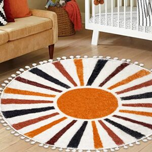 Molili Sun Boho Area Rug for Bedroom 4ft, Modern Abstract Round Nursery Rugs for Kids Room Washable Soft Circle Non-Slip Floor Rugs for Living Room Laundry Room Bathroom Home Dorm Entryway