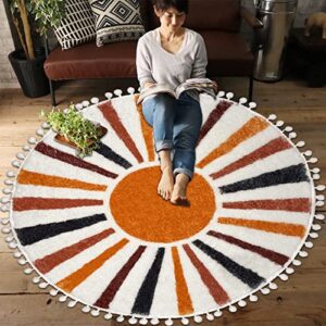 Molili Sun Boho Area Rug for Bedroom 4ft, Modern Abstract Round Nursery Rugs for Kids Room Washable Soft Circle Non-Slip Floor Rugs for Living Room Laundry Room Bathroom Home Dorm Entryway