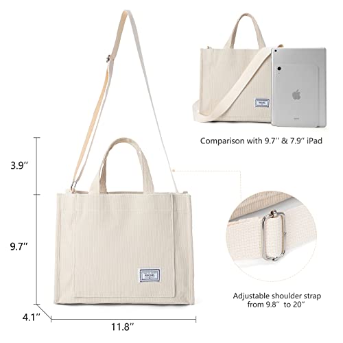 PINCNEL Corduroy Tote Bag for Women, Small Trendy Travel Satchel Handbag with Crossbody Shoulder Strap, Carry Handles, Pockets (Beige)