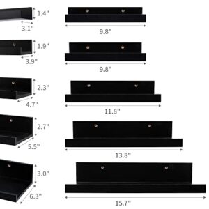 Floating Shelves for Wall Décor Storage, Wall Shelves Set of 5, Wall Mounted Wood Shelves for Bedroom, Living Room, Bathroom, Kitchen, Small Picture Ledge Farmhouse Shelves, Black