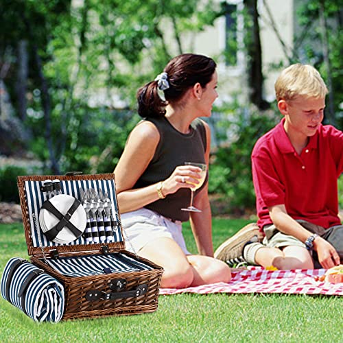 HYBDAMAI Willow Picnic Basket Set for 4 Persons with Waterproof Picnic Blanket, Wicker Picnic Basket for Camping, Outdoors, Valentine's Day, Christmas, Thanksgiving, Birthday