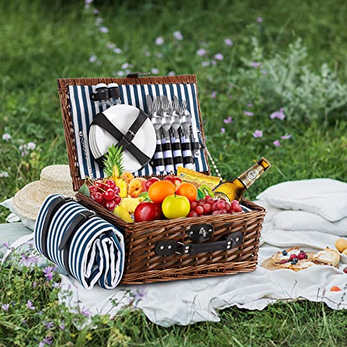 HYBDAMAI Willow Picnic Basket Set for 4 Persons with Waterproof Picnic Blanket, Wicker Picnic Basket for Camping, Outdoors, Valentine's Day, Christmas, Thanksgiving, Birthday