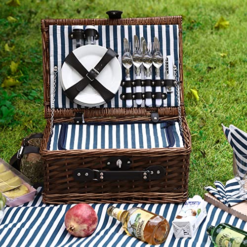 HYBDAMAI Willow Picnic Basket Set for 4 Persons with Waterproof Picnic Blanket, Wicker Picnic Basket for Camping, Outdoors, Valentine's Day, Christmas, Thanksgiving, Birthday