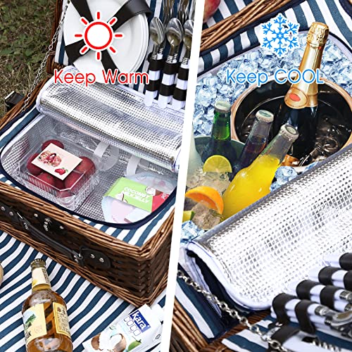 HYBDAMAI Willow Picnic Basket Set for 4 Persons with Waterproof Picnic Blanket, Wicker Picnic Basket for Camping, Outdoors, Valentine's Day, Christmas, Thanksgiving, Birthday