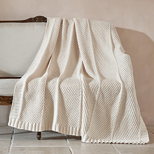 Amélie Home Herringbone Chenille Knit Throw Blanket, Textured Soft Warm Cable Knitted Throw Blankets, Farmhouse Rustic Cozy Knot Braided Crochet Blanket for Couch Bed, Ivory, 50"x 60"