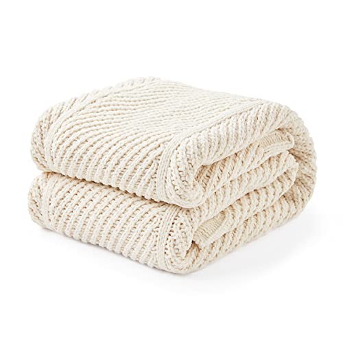 Amélie Home Herringbone Chenille Knit Throw Blanket, Textured Soft Warm Cable Knitted Throw Blankets, Farmhouse Rustic Cozy Knot Braided Crochet Blanket for Couch Bed, Ivory, 50"x 60"