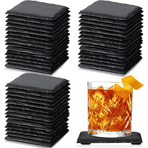 48 Pieces Slate Coasters Bulk, 4 x 4 Inch Black Stone Coasters Square Cup Coasters Set Handmade Drink Coasters Bar Coasters with Anti Scratch Bottom for Coffee Table Kitchen Home