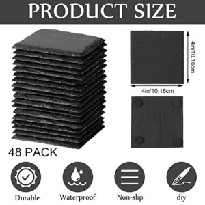 48 Pieces Slate Coasters Bulk, 4 x 4 Inch Black Stone Coasters Square Cup Coasters Set Handmade Drink Coasters Bar Coasters with Anti Scratch Bottom for Coffee Table Kitchen Home