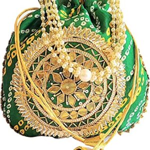 Potli Bag For Woman Ethnic Bandhej Polti Bag, Elegant Evening Wedding Party Purse For Women's BY PANACHE MERCHANT (Green)