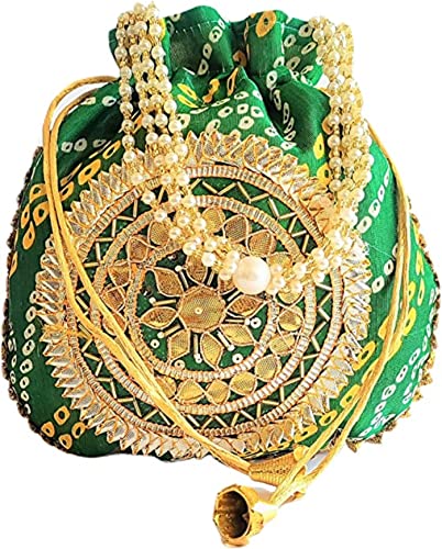 Potli Bag For Woman Ethnic Bandhej Polti Bag, Elegant Evening Wedding Party Purse For Women's BY PANACHE MERCHANT (Green)