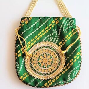 Potli Bag For Woman Ethnic Bandhej Polti Bag, Elegant Evening Wedding Party Purse For Women's BY PANACHE MERCHANT (Green)