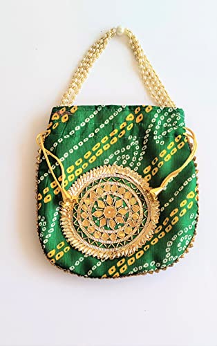 Potli Bag For Woman Ethnic Bandhej Polti Bag, Elegant Evening Wedding Party Purse For Women's BY PANACHE MERCHANT (Green)