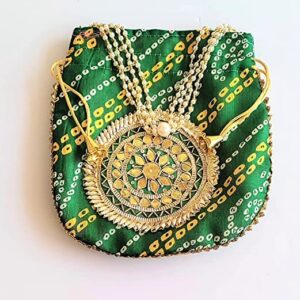 Potli Bag For Woman Ethnic Bandhej Polti Bag, Elegant Evening Wedding Party Purse For Women's BY PANACHE MERCHANT (Green)