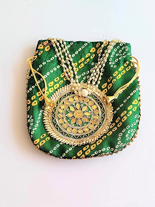 Potli Bag For Woman Ethnic Bandhej Polti Bag, Elegant Evening Wedding Party Purse For Women's BY PANACHE MERCHANT (Green)