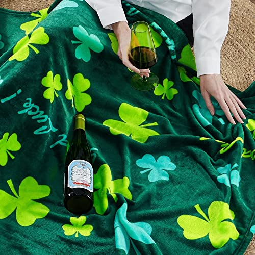 inhand St Patricks Day Throw Blanket 50” X 60”, Clovers and Shamrocks Design Super Soft Flannel Fleece Blanket, Green Gnome Leaf Saints Blanket Decorations for Bed Couch Living Room Sofa ( Shamrock)