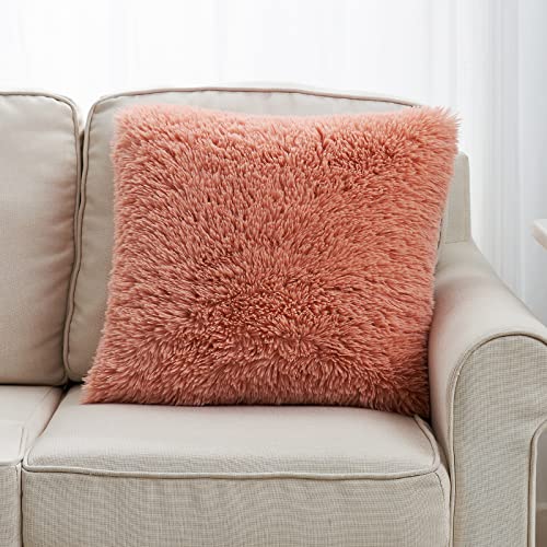 Cozy Bliss Super Soft Fuzzy Faux Fur Throw Pillowcovers for Couch, Long Hair Fluffy Shaggy Throw Pillowcases, Luxury Plush Decorative Pillow Covers for Sofa Bed (20" x 20", Dusty Pink)