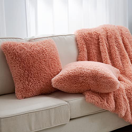 Cozy Bliss Super Soft Fuzzy Faux Fur Throw Pillowcovers for Couch, Long Hair Fluffy Shaggy Throw Pillowcases, Luxury Plush Decorative Pillow Covers for Sofa Bed (20" x 20", Dusty Pink)