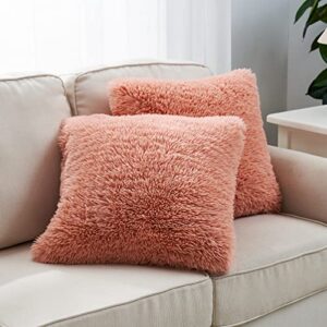 Cozy Bliss Super Soft Fuzzy Faux Fur Throw Pillowcovers for Couch, Long Hair Fluffy Shaggy Throw Pillowcases, Luxury Plush Decorative Pillow Covers for Sofa Bed (20" x 20", Dusty Pink)