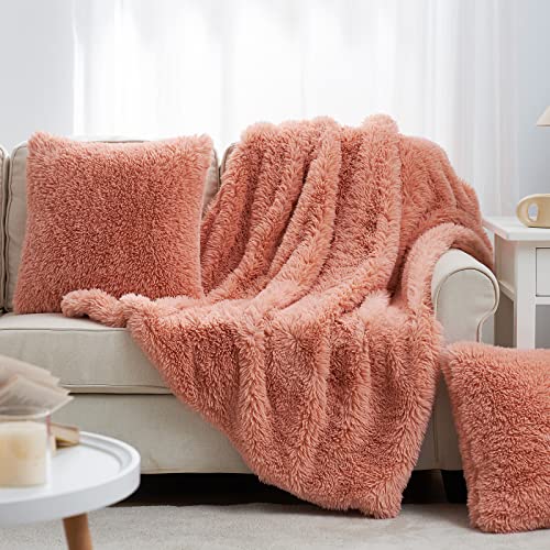 Cozy Bliss Super Soft Fuzzy Faux Fur Throw Pillowcovers for Couch, Long Hair Fluffy Shaggy Throw Pillowcases, Luxury Plush Decorative Pillow Covers for Sofa Bed (20" x 20", Dusty Pink)