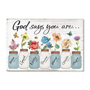 inspirational floral canvas wall art: god says you are positive quotes wall decor, flowers in mason jar picture motivational bible verse poster for women bedroom home decoration 10″ x 15″