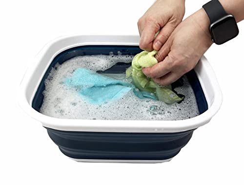 SAMMART 5.5L (1.4 Gallons) Set of 2 Collapsible Tub - Foldable Dish Tub - Portable Washing Basin - Space Saving Plastic Washtub (White/Indigo)