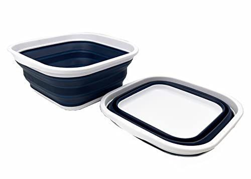 SAMMART 5.5L (1.4 Gallons) Set of 2 Collapsible Tub - Foldable Dish Tub - Portable Washing Basin - Space Saving Plastic Washtub (White/Indigo)