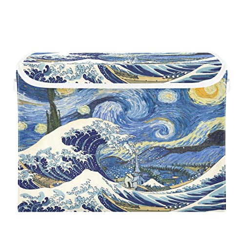 xigua Van Gogh Wave Stars Storage Bins with Lids and Carrying Handle,Foldable Storage Boxes Organizer Containers Baskets Cube with Cover for Home Bedroom Closet Office Nursery