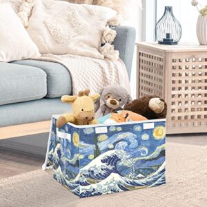 xigua Van Gogh Wave Stars Storage Bins with Lids and Carrying Handle,Foldable Storage Boxes Organizer Containers Baskets Cube with Cover for Home Bedroom Closet Office Nursery