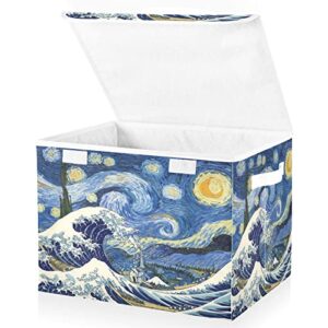 xigua Van Gogh Wave Stars Storage Bins with Lids and Carrying Handle,Foldable Storage Boxes Organizer Containers Baskets Cube with Cover for Home Bedroom Closet Office Nursery